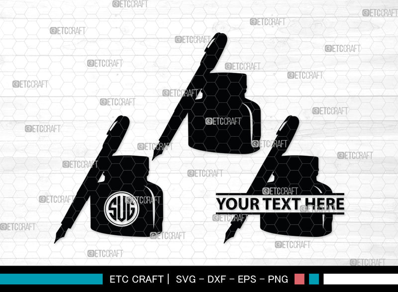Inkwell Pen Monogram, Inkwell Pen Silhouette, Inkwell Pen SVG, Feather ...