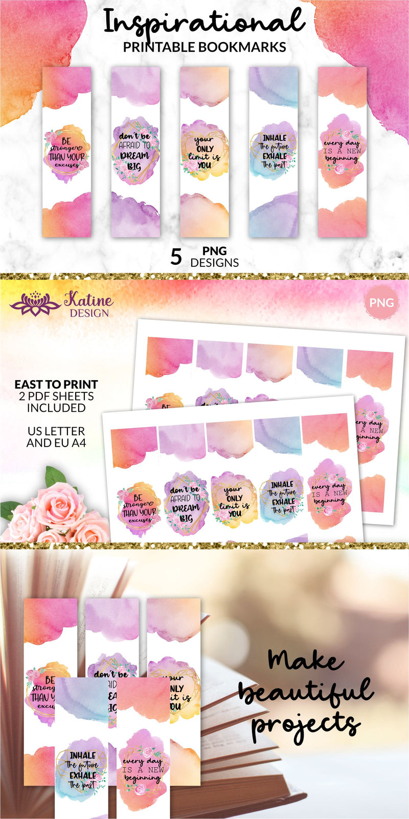 Inspirational Bookmarks, Motivational Quotes, Watercolor Bookmarks ...