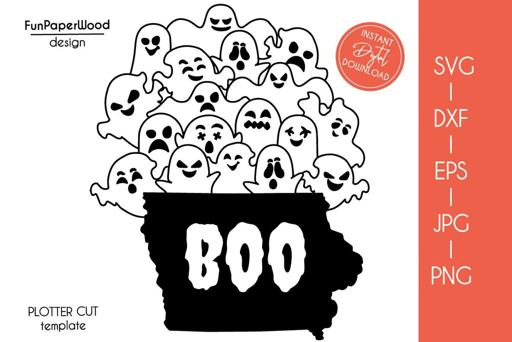Iowa IA state map Cute Halloween Boo scary ghosts faces SVG DXF EPS PNG ...