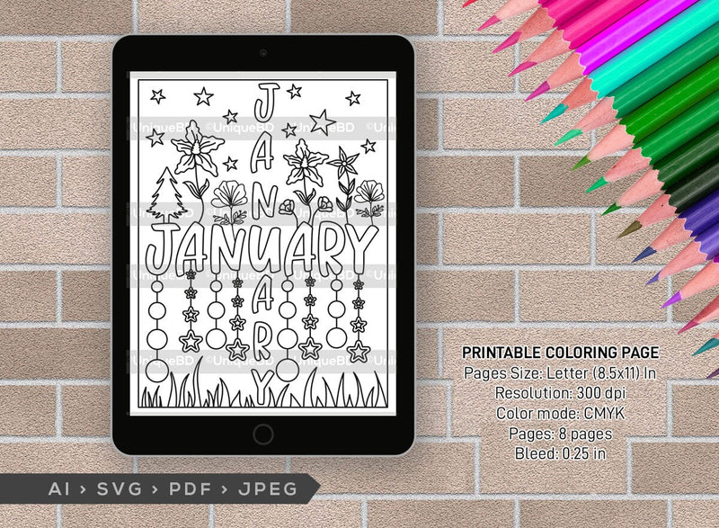 January Month Printable Coloring Page Bundle, PDF Colouring Book ...