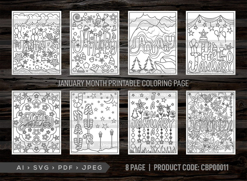 January Month Printable Coloring Page Bundle, PDF Colouring Book ...