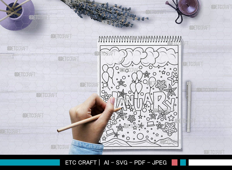 January Month Printable Coloring Page, PDF Colouring Book, Instant ...