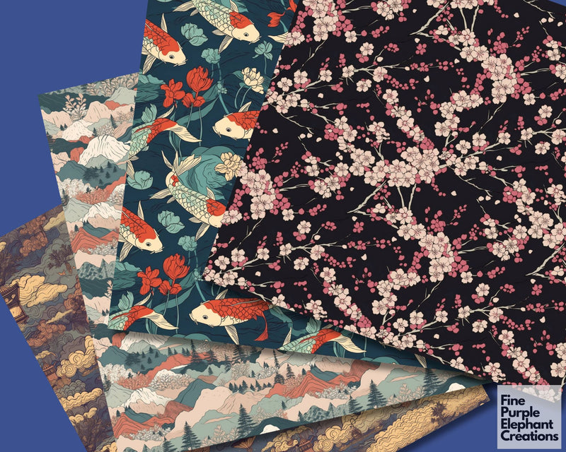 Japanese illustrations Digital Paper | Japan Inspired Scrapbook - So Fontsy