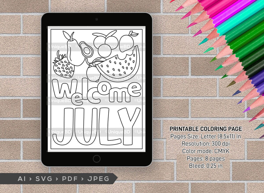 July Month Printable Coloring Page Bundle, PDF Colouring Book, Instant ...