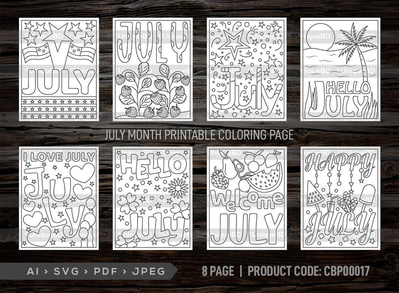 July Month Printable Coloring Page Bundle, PDF Colouring Book, Instant ...