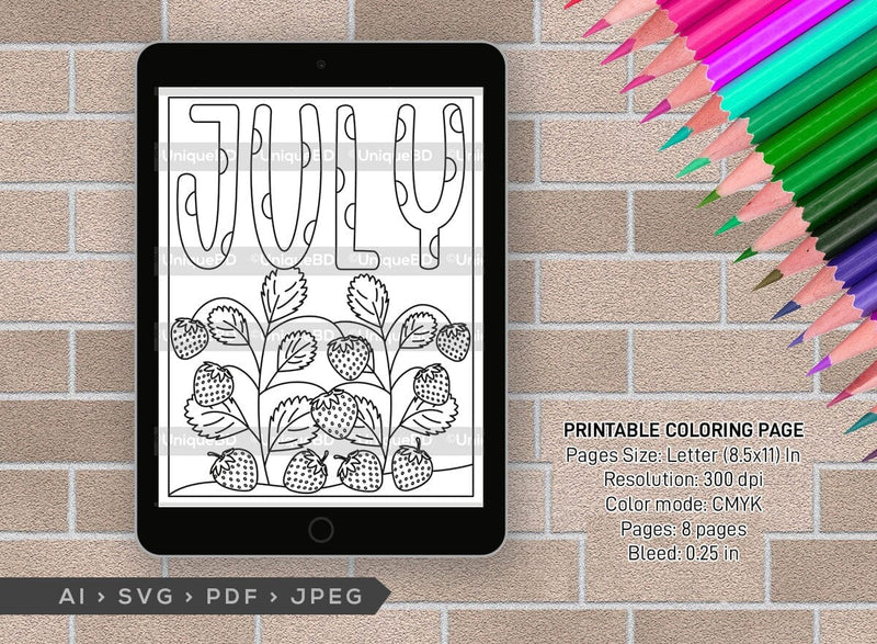 July Month Printable Coloring Page Bundle, PDF Colouring Book, Instant ...