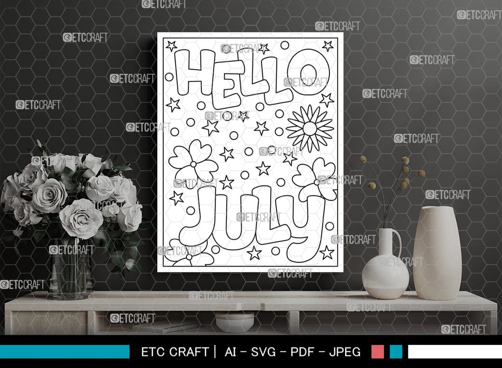 July Month Printable Coloring Page Cut File, PDF Colouring Book ...