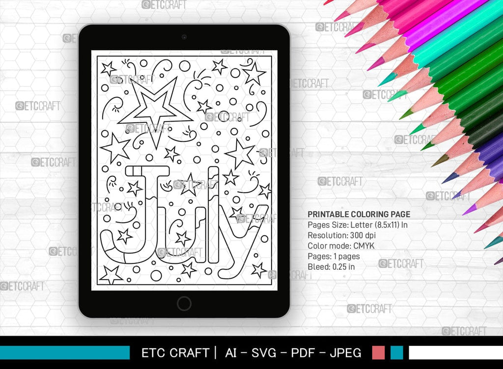 July Month Printable Coloring Page Cut File, PDF Colouring Book ...