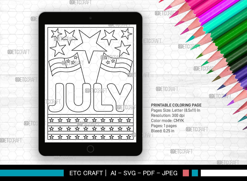 July Month Printable Coloring Page Cut File, PDF Colouring Book ...
