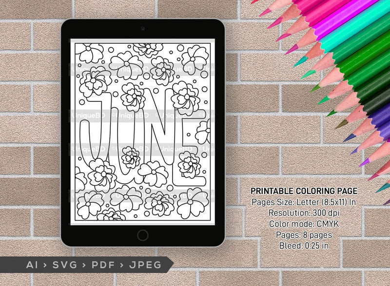 June Month Printable Coloring Page Bundle, PDF Colouring Book, Instant ...