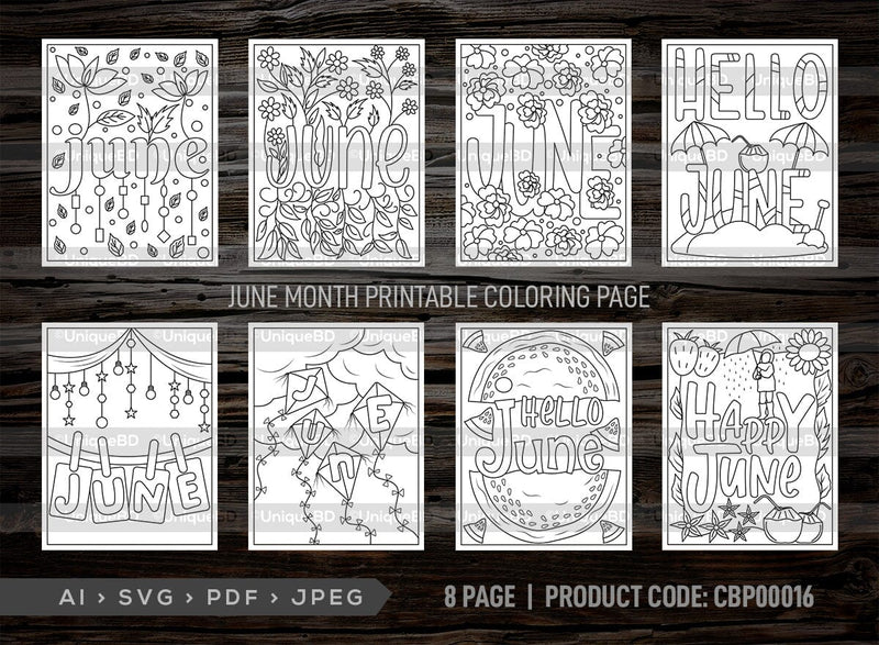June Month Printable Coloring Page Bundle, PDF Colouring Book, Instant ...