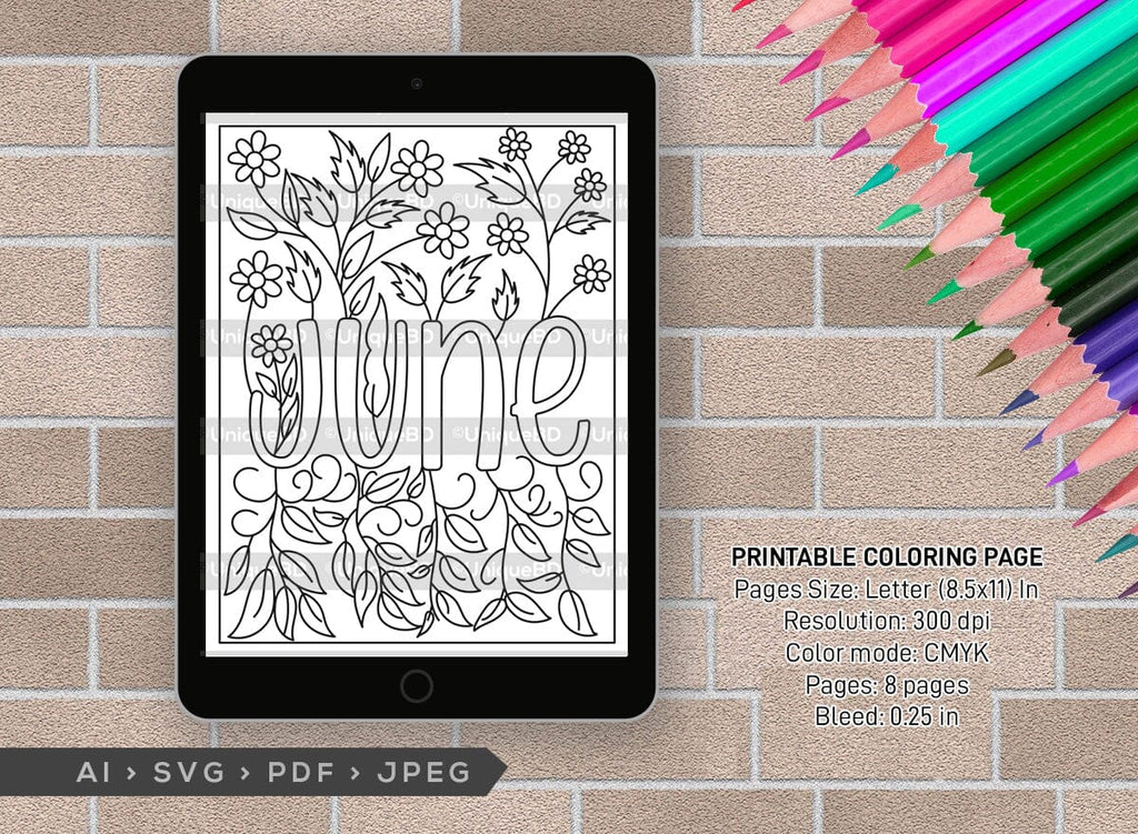 June Month Printable Coloring Page Bundle, PDF Colouring Book, Instant ...
