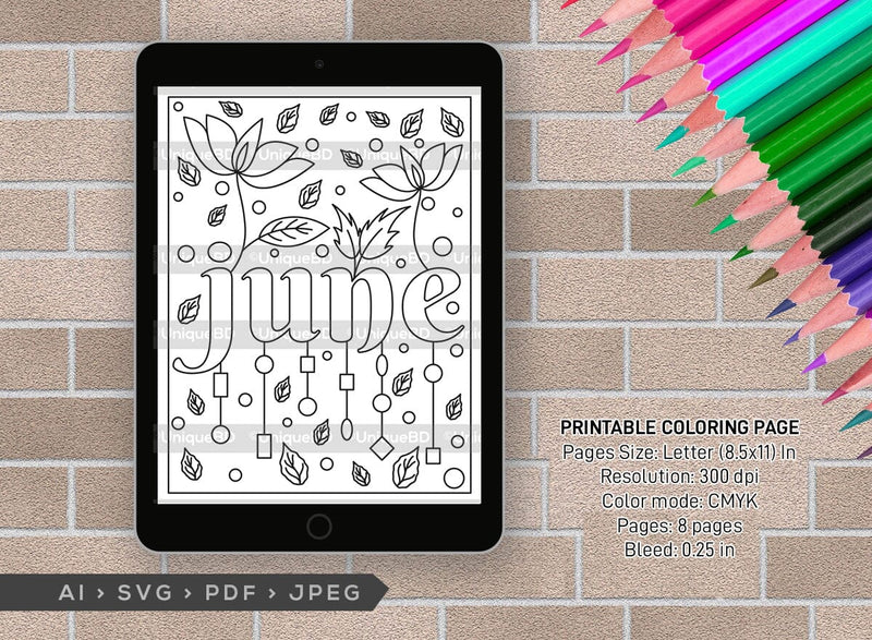 June Month Printable Coloring Page Bundle, PDF Colouring Book, Instant ...