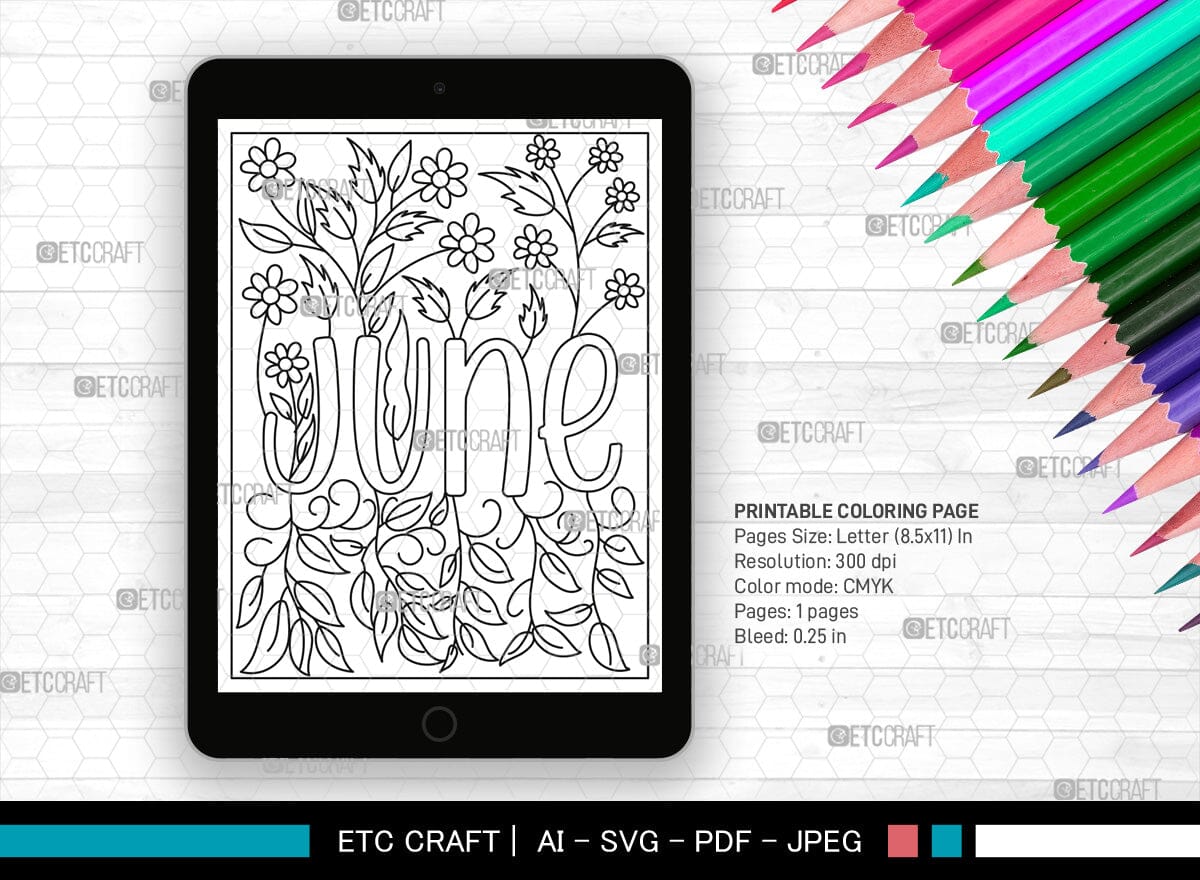 June Month Printable Coloring Page Cut File, PDF Colouring Book ...