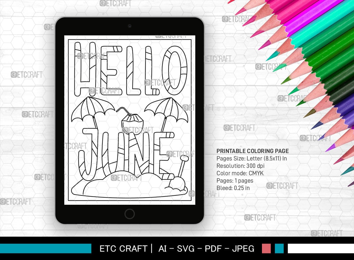 June Month Printable Coloring Page Cut File, PDF Colouring Book ...