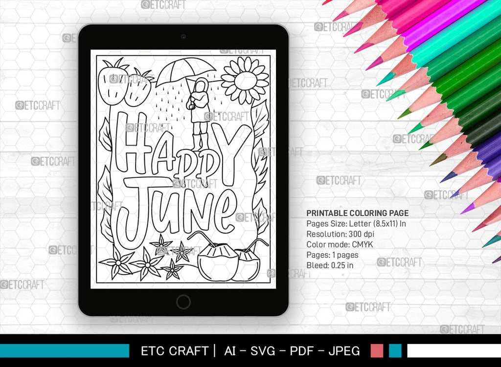 June Month Printable Coloring Page Cut File, PDF Colouring Book ...