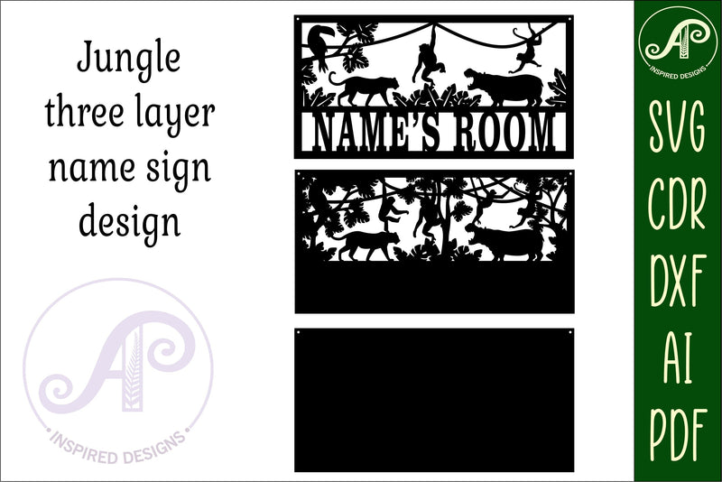 Jungle scene name sign SVG 3 layer laser cut template - So Fontsy