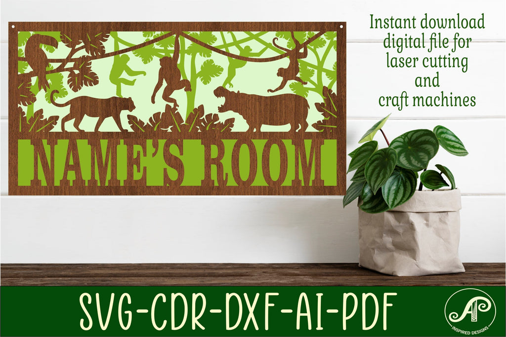 Jungle scene name sign SVG 3 layer laser cut template - So Fontsy