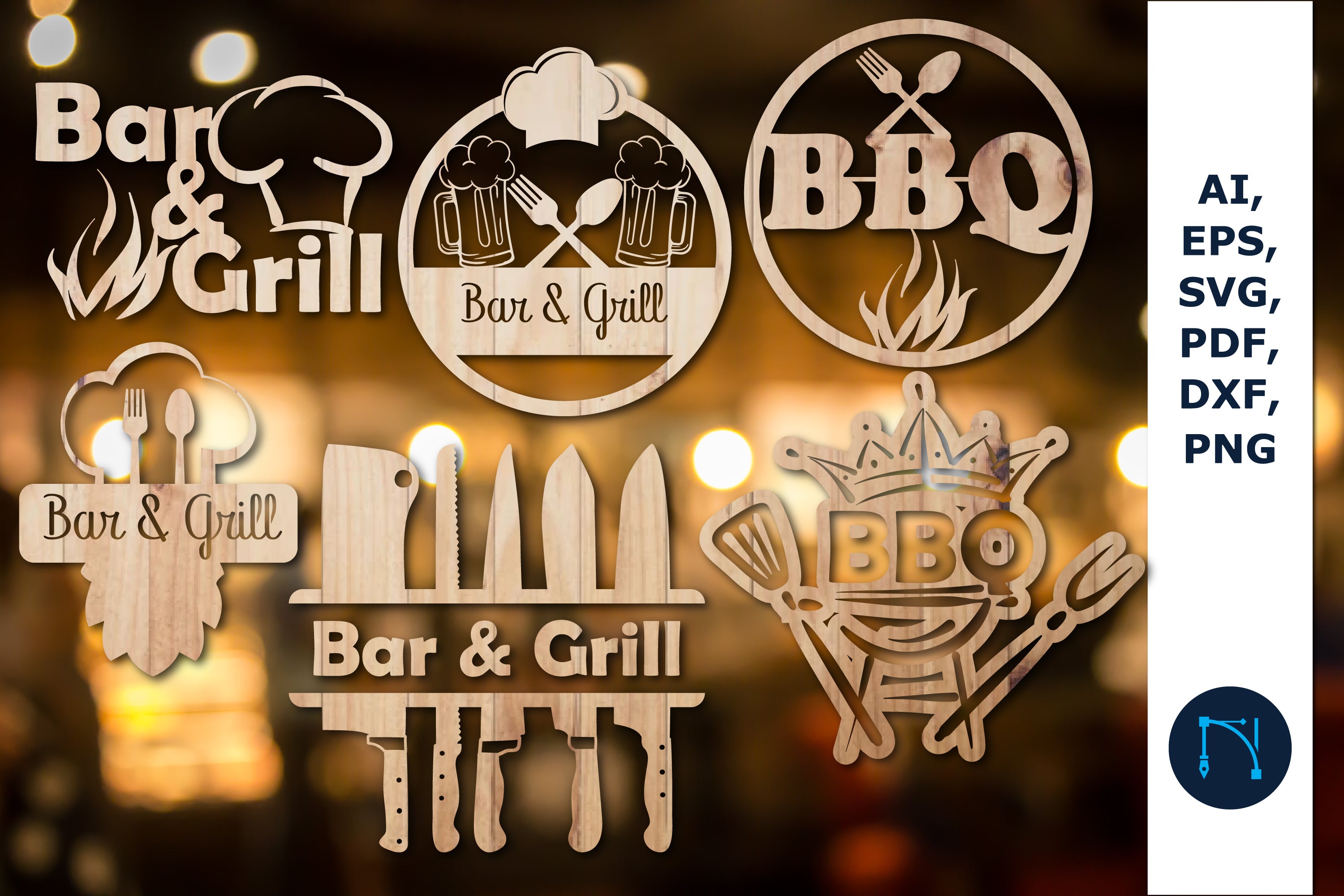 laser cut Bar & Grill Sign SVG Bundle - So Fontsy