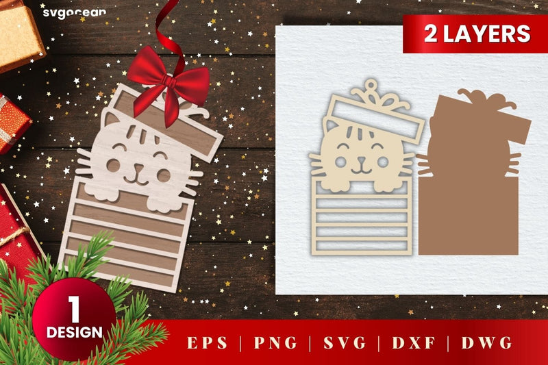 Laser Cut Cat Christmas Ornament SVG | 3D Layered | Glowforge - So Fontsy