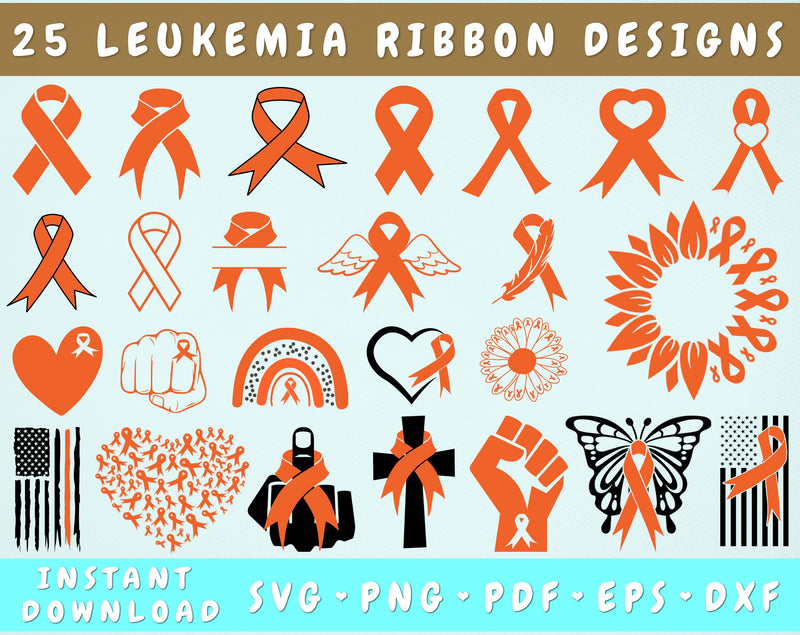 Leukemia Ribbon SVG Bundle, 25 Designs, Leukemia Clipart, Orange Cancer ...