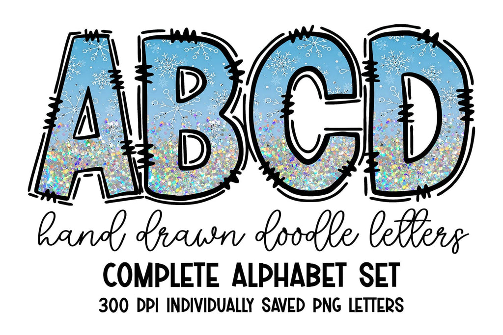 Light Glitter Snowflake Doodle Letters Alphabet Set - So Fontsy