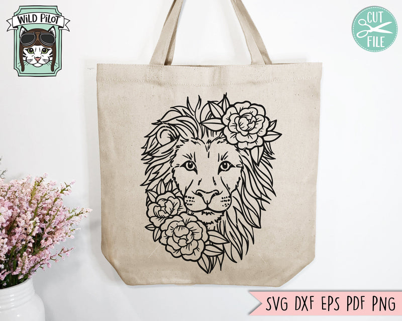 Lion SVG File, Lion With Flowers SVG, Lion Cut File, Animal Face SVG ...