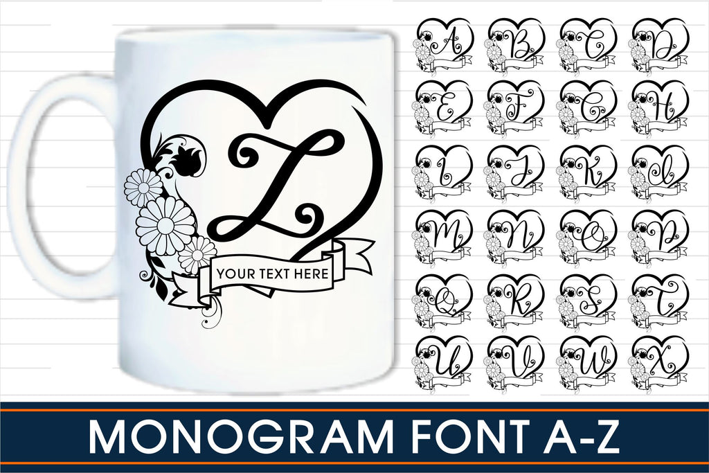Love Heart Alphabet Monogram Letter SVG Set A-Z, Monogram Font SVG Set ...
