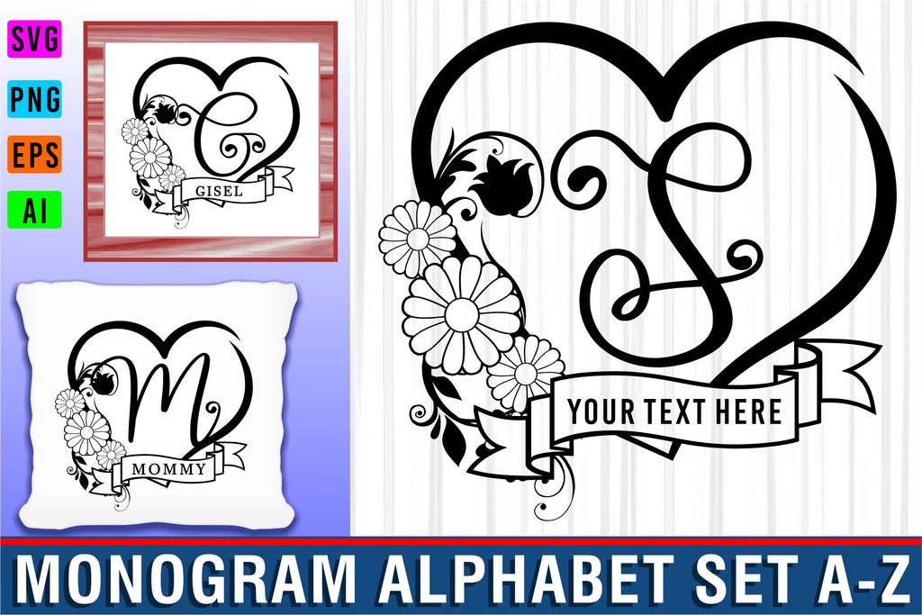 Love Heart Alphabet Monogram Letter SVG Set A-Z, Monogram Font SVG Set ...