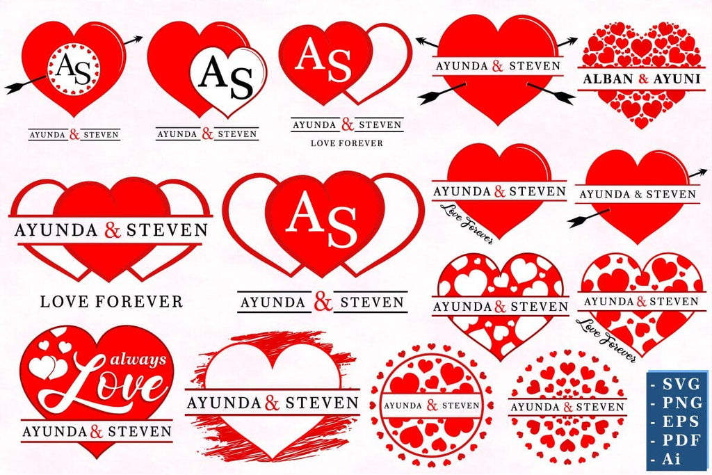Love Heart Split Monogram SVG Bundle, Heart SVG Bundle, Hearts SVG ...
