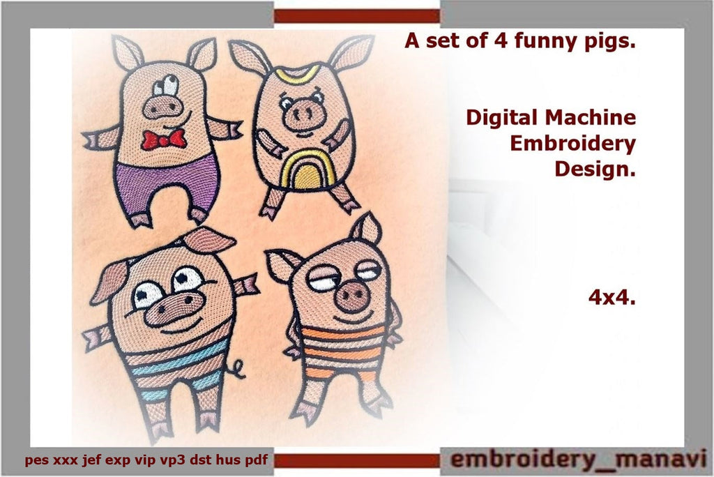 Machine embroidery design for child Cheerful pigs set. - So Fontsy