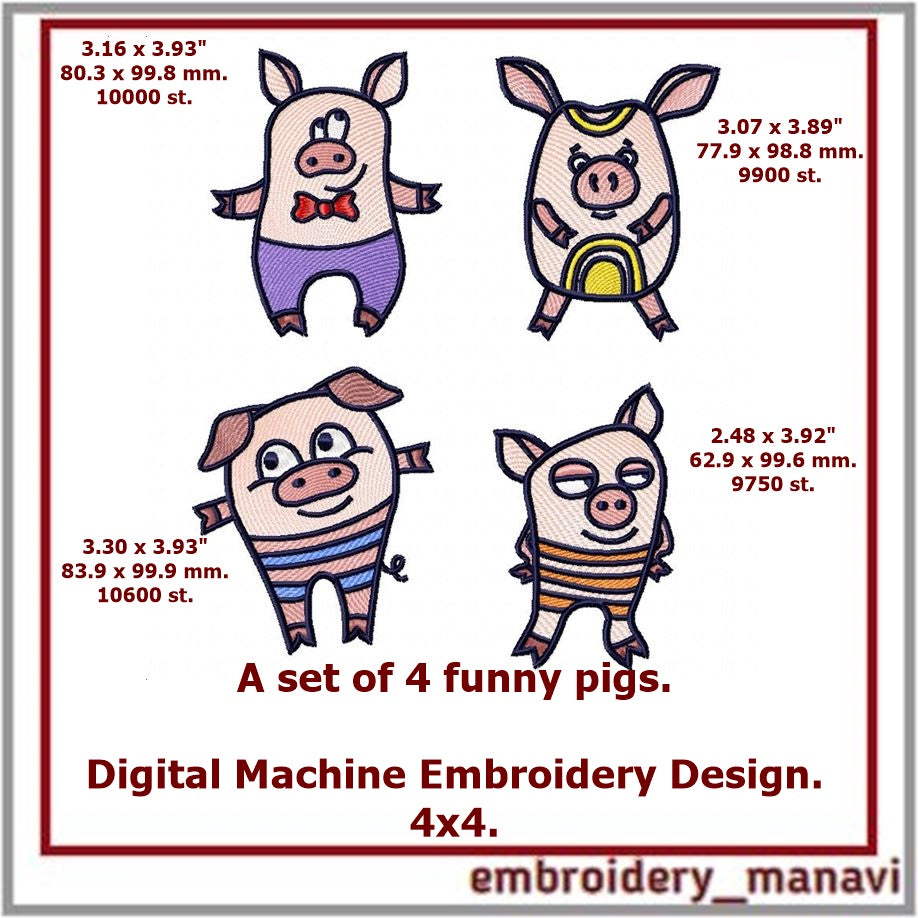 Machine embroidery design for child Cheerful pigs set. - So Fontsy