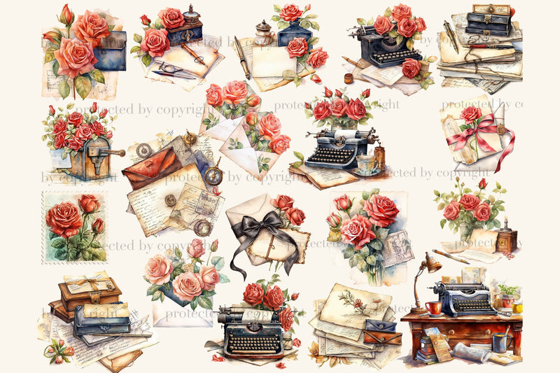 Mail Post Clipart | Vintage Roses Illustration - So Fontsy