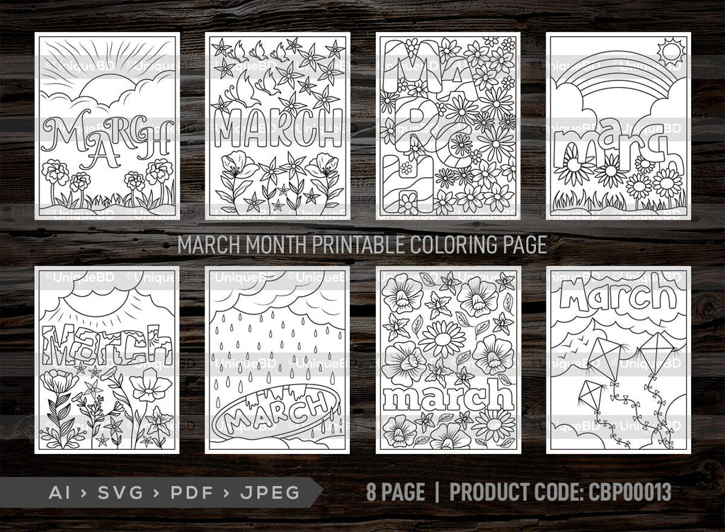 March Month Printable Coloring Page Bundle, PDF Colouring Book, Instant ...