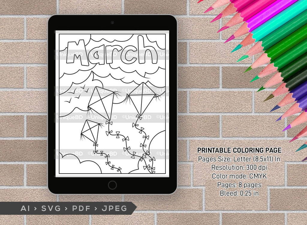 March Month Printable Coloring Page Bundle, PDF Colouring Book, Instant ...