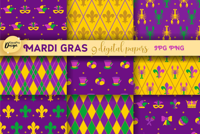 Mardi Gras digital papers, Mardi Gras seamless patterns - So Fontsy