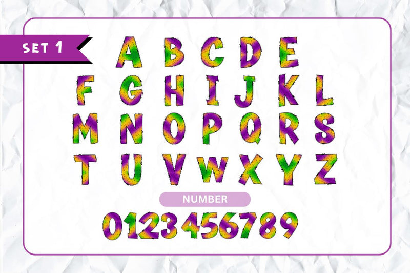Mardi Gras Doodle Alphabet with Hand Drawn Numbers & Clipart - So Fontsy