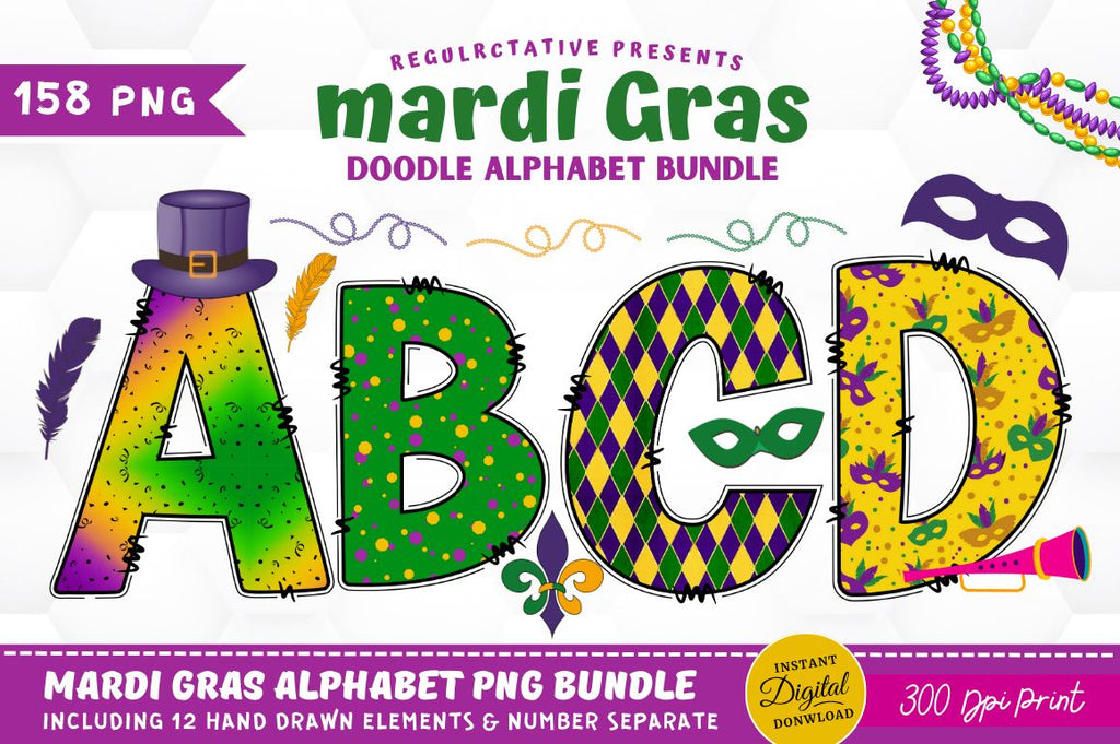Mardi Gras Doodle Alphabet with Hand Drawn Numbers & Clipart - So Fontsy