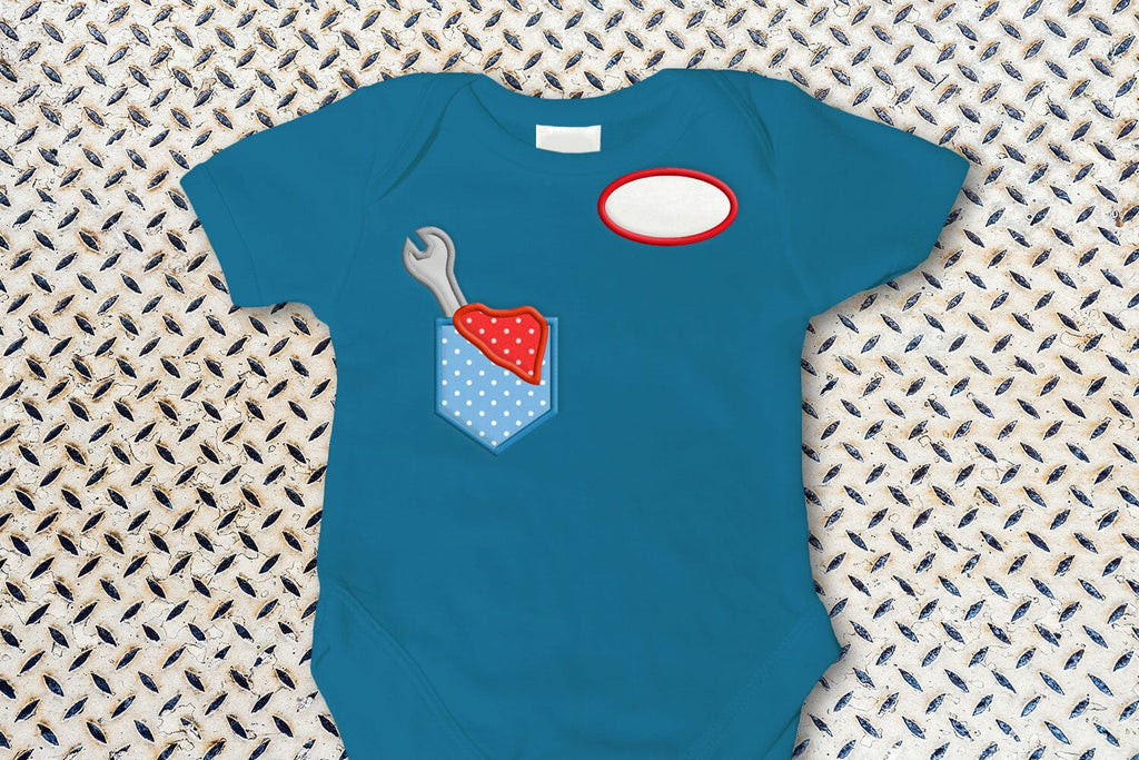 Mechanic Name Badge and Wrench in Pocket Applique Embroidery - So Fontsy