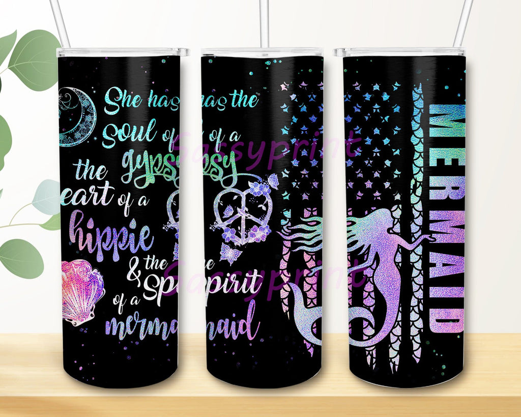 Mermaid 20oz Skinny Tumbler Png, She Has The Soul Of A Gypsy Mermaid ...