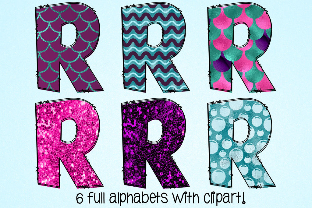 Mermaid Doodle Letters PNG, Ocean Creatures Alpha Bundle - So Fontsy