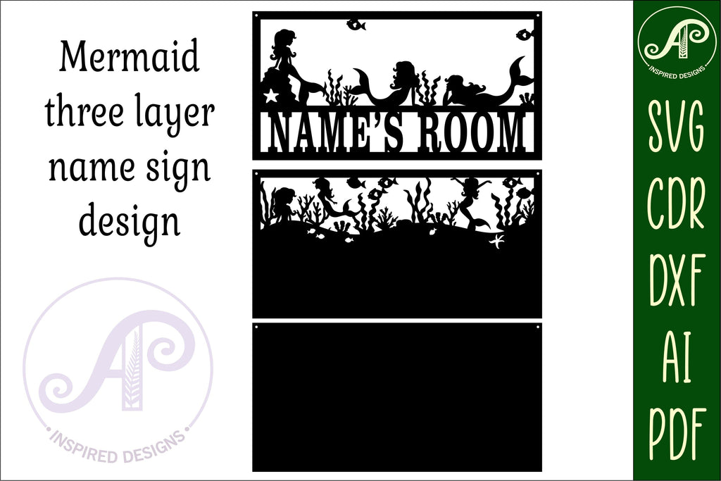 Mermaid scene name sign SVG 3 layer laser cut template - So Fontsy