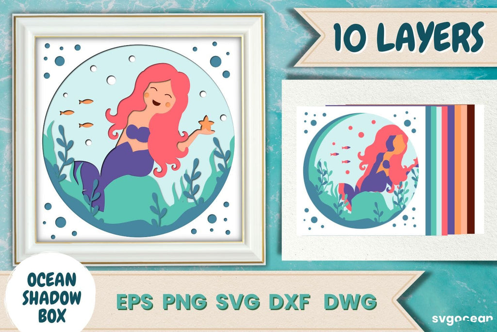 Mermaid Shadow Box | 3D Layered SVG | Lightbox - So Fontsy