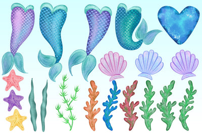 Mermaid Tail clipart. 20 watercolor illustration PNG - So Fontsy