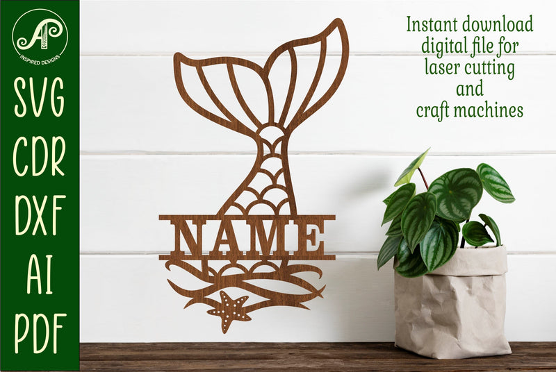 Mermaid tail Name sign svg laser cut template, wall - So Fontsy