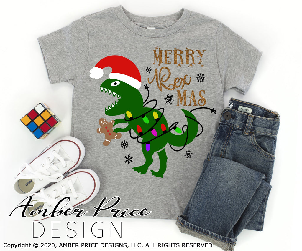 Merry Rexmas Christmas lights SVG PNG DXF | Kid's Christmas shirt SVG ...