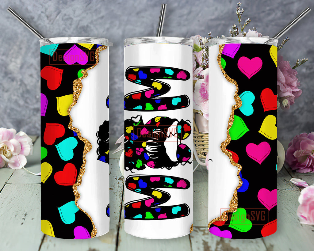 Mom Heart Design Png, Messy Bun Heart 20oz Skinny Tumbler, Colorful ...