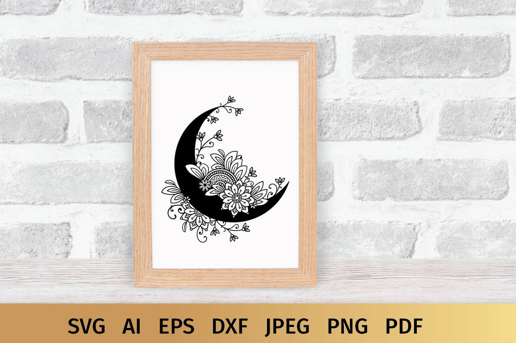Moon SVG, Crescent Moon SVG with mandala and flowers, Half Moon SVG ...