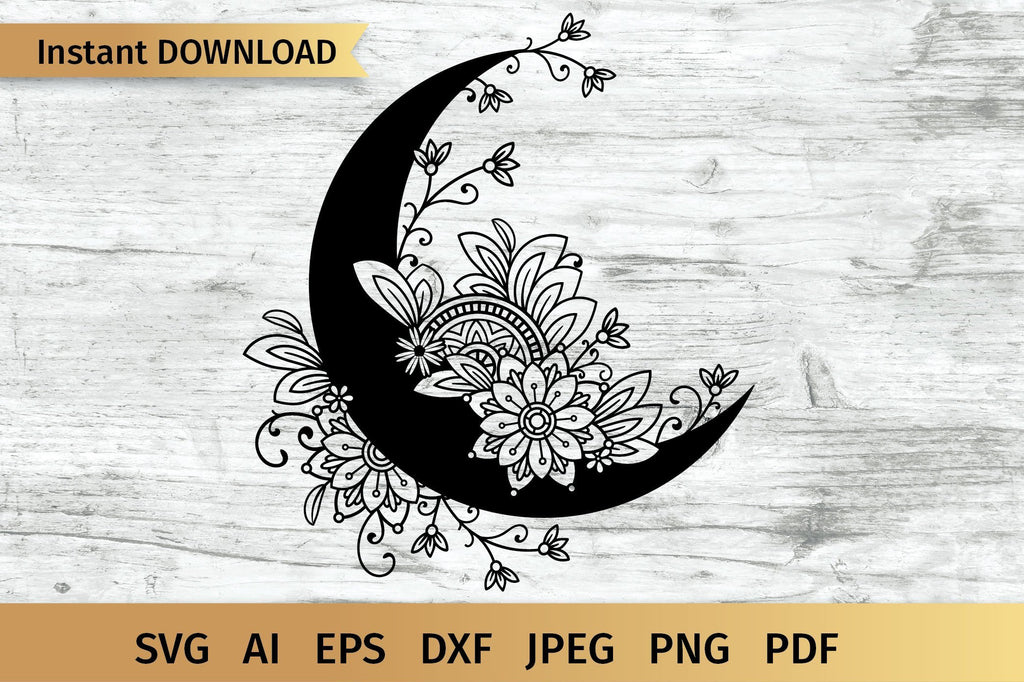 Moon SVG, Crescent Moon SVG with mandala and flowers, Half Moon SVG ...