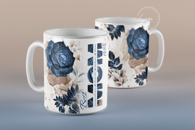 Mother's Day Mug Wrap Design, Add Kids Names, Blue Gold Floral Mug, Mug For Mom, Gift for Mother ...